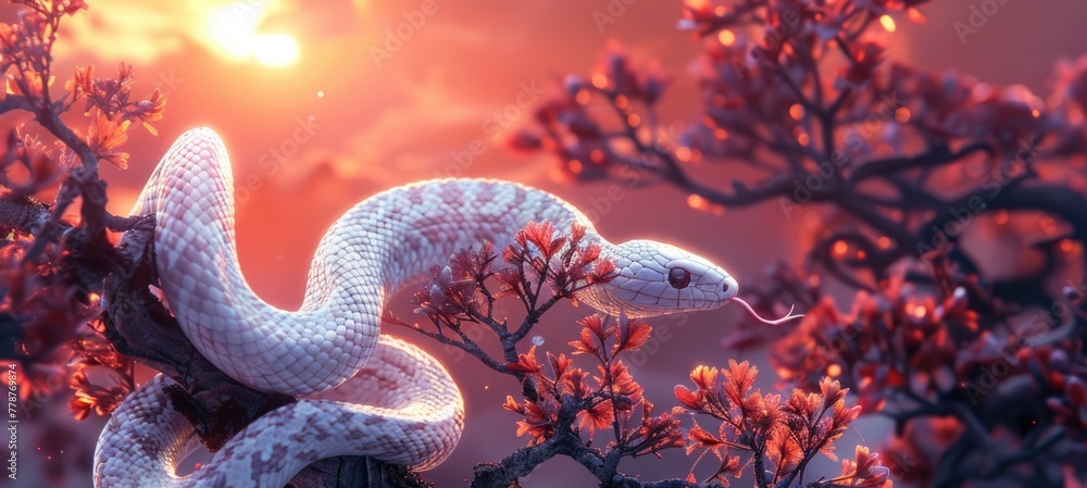 Exotic white beautiful snake close-up on a branch of a flowering tree ...
