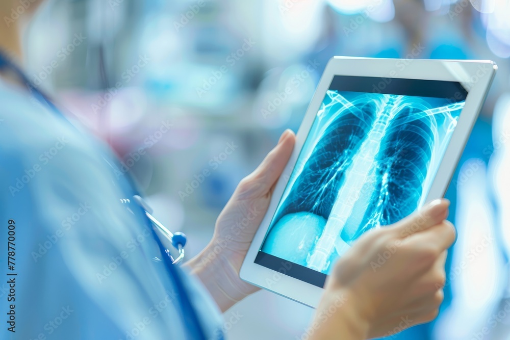 Surgeon examining a healthy lung X-ray scan on a tablet amidst the ...