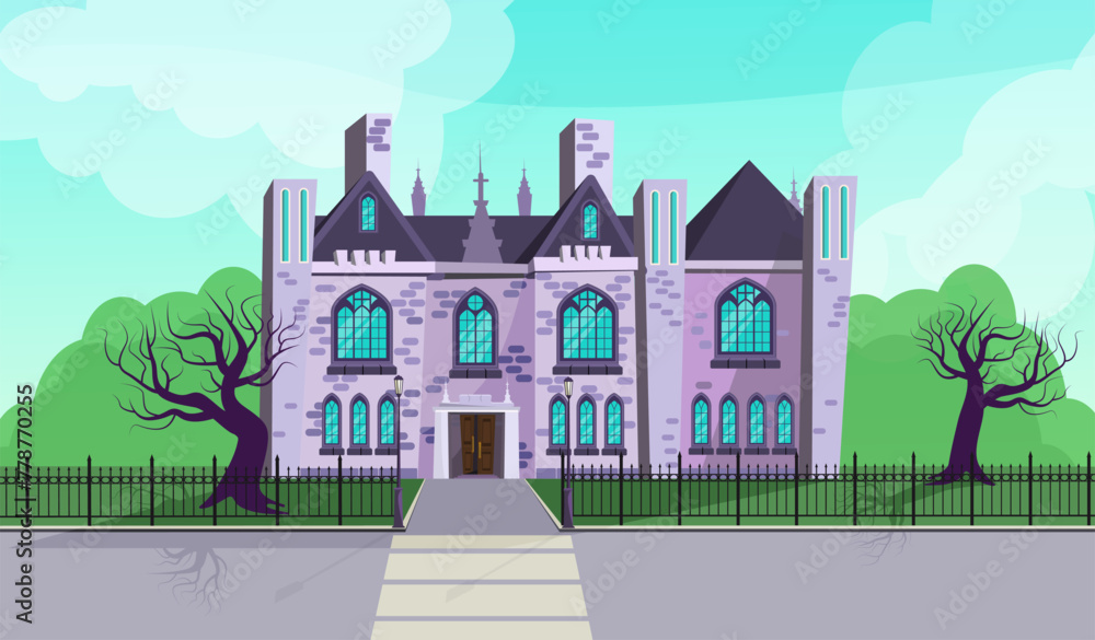 Gothic mansion cartoon vector illustration. Old stone building with ...