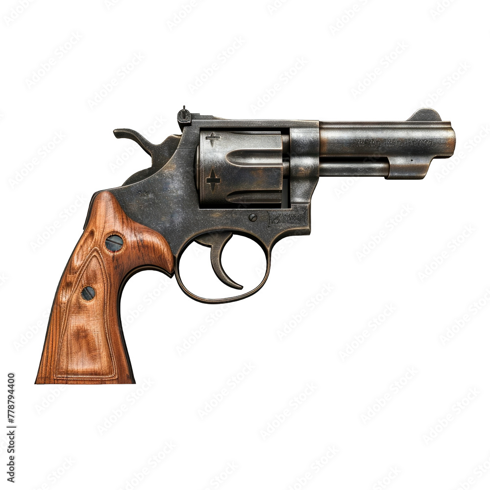 Side view of old revolver with wooden grip isolated on a clipped PNG ...