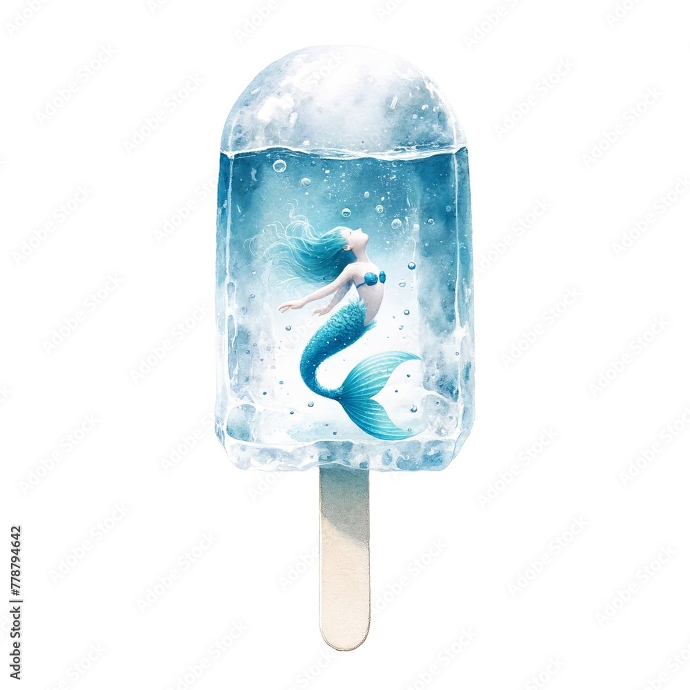 Minimalist watercolor illustration of a mermaid diving in a translucent ...