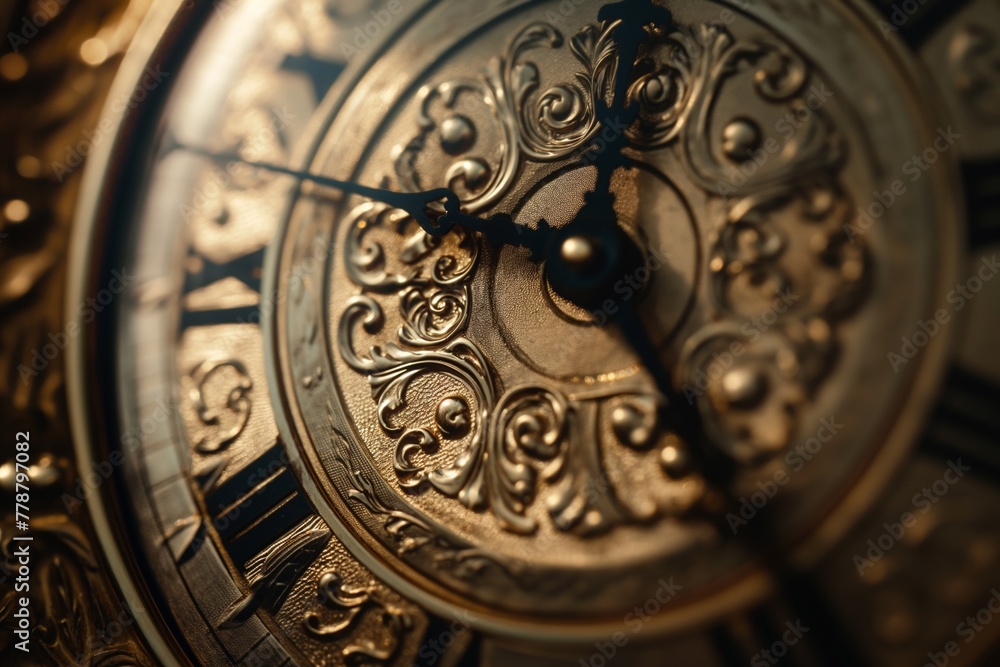The face of a baroque style clock, captured in fine detail, symbolizing ...