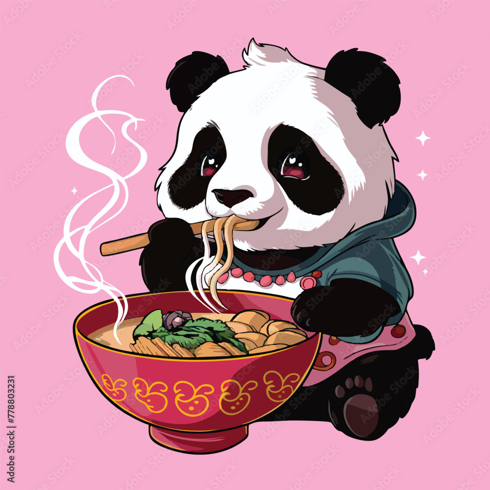 Cute panda eating ramen noodles cartoon illustration. perfect use for ...