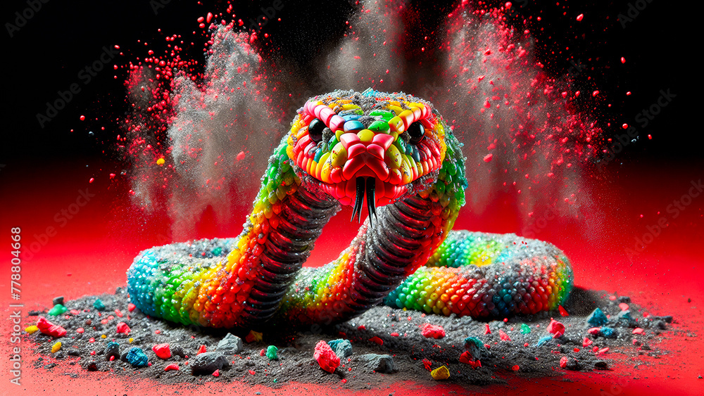 Dangerous fantasy snake on ash facing the camera. Threatening snake ...