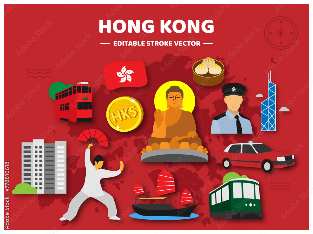 Hong Kong Travel flat icons set. Hong Kong elements icon map and ...