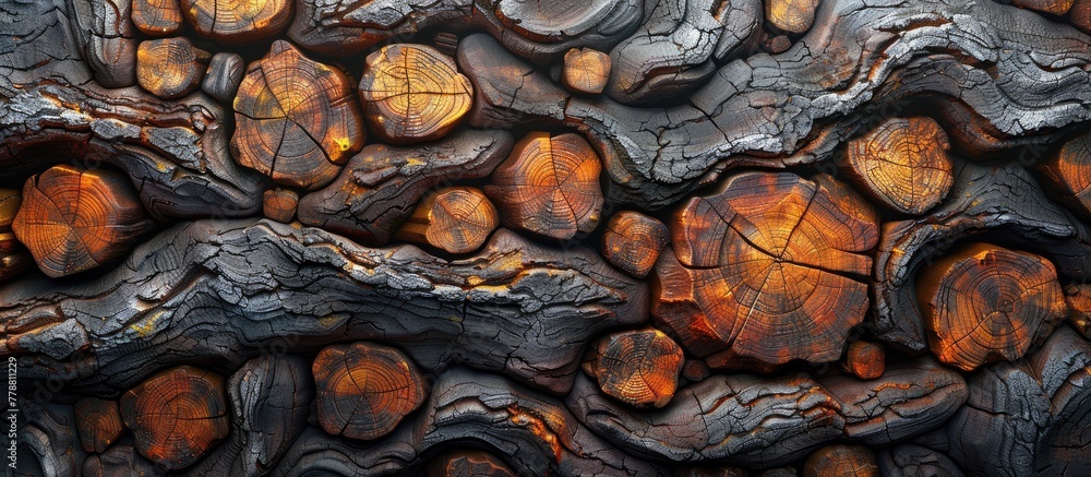 A detailed closeup of a stack of logs resembling a piece of wood art ...