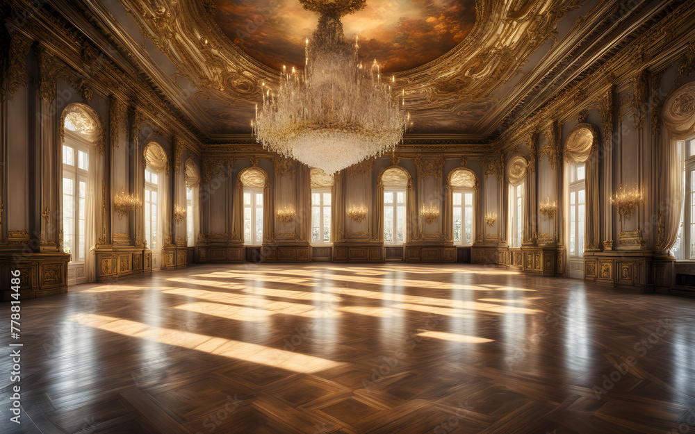 Golden ballroom with large windows, gilded floors in a lavish rococo ...