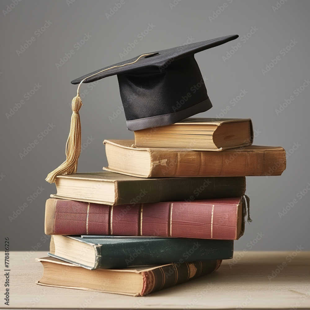 Books and Graduation Cap: A composition of books stacked with a ...