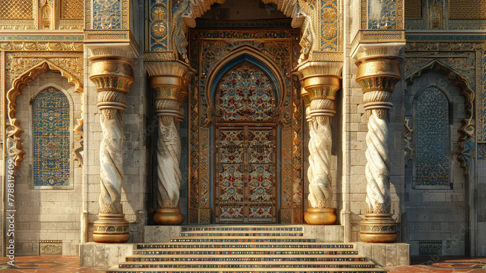 Closeup digital dot image of a towers ornate entrance, detailing the ...