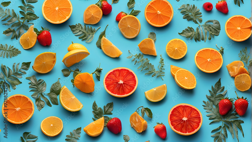 Bright and colorful composition of citrus fruits and berries creating ...