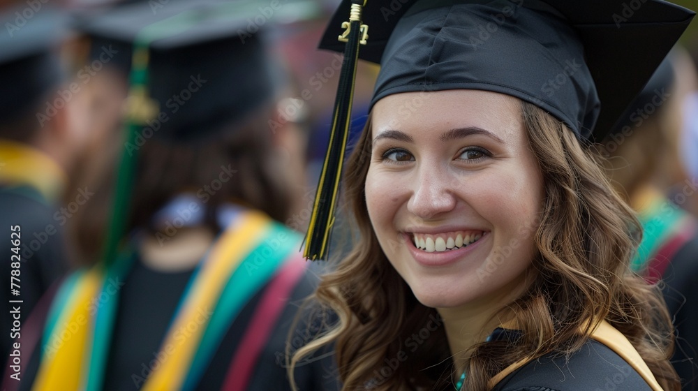A radiant graduate student wearing a cap and gown beams with pride and ...