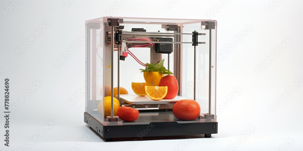 3D printer printing fruits isolated on white background. Technologies ...