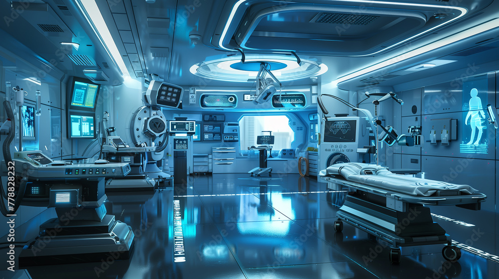 Futuristic hospital room with CT scan machine The room is bright and ... Futuristic hospital room with CT scan machine The room is bright and ...