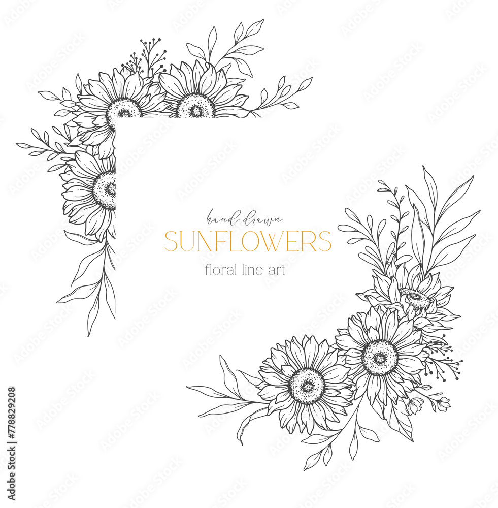 Sunflowers Line Drawing. Sunflower Frame Line Art. Floral frame. Floral ...