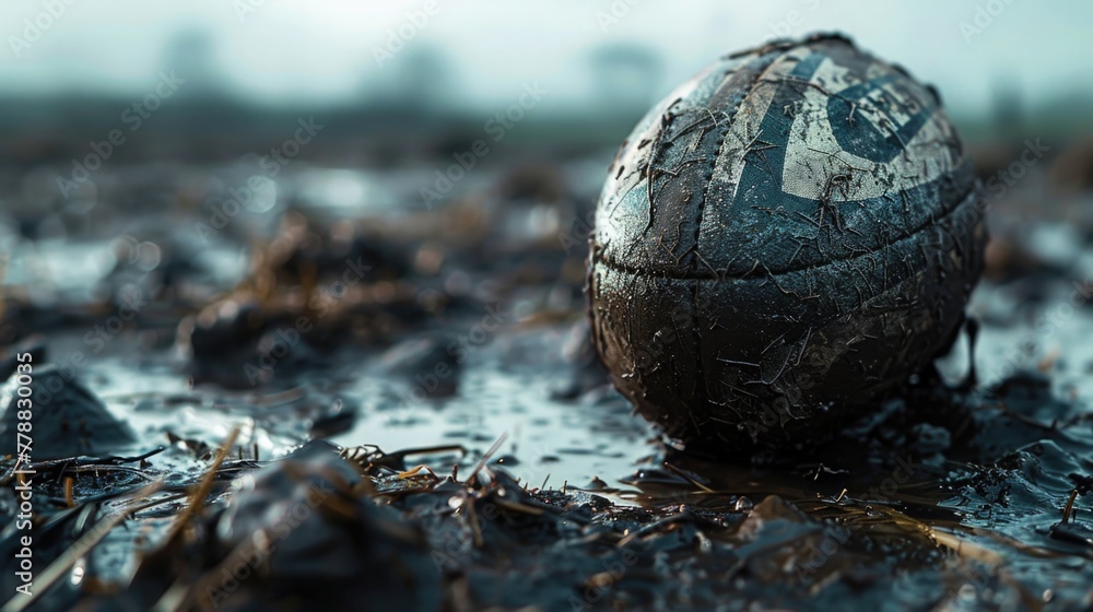 The rough texture of a rugby ball in sharp detail, with the expansive ...