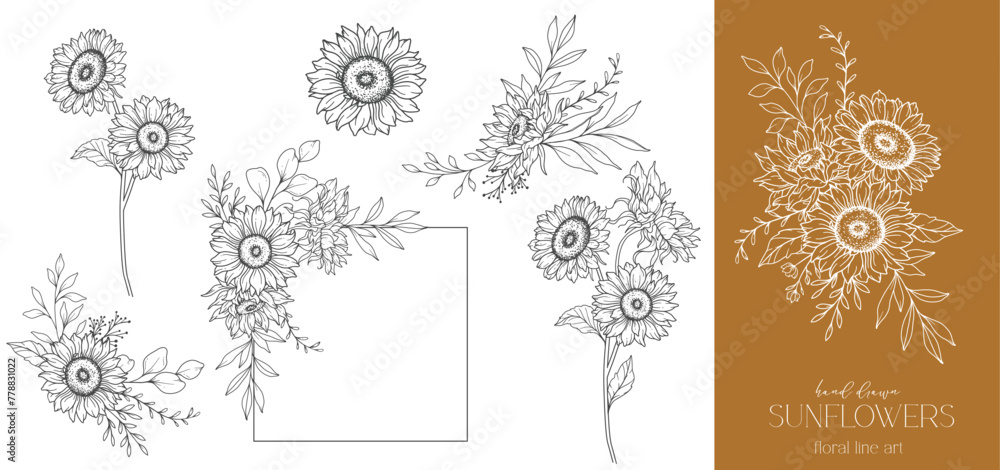 Sunflowers Line Drawing. Sunflower Frame Line Art. Floral frame. Floral ...