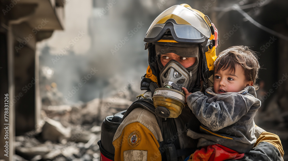 Brave firefighter saves a scared child from a destroyed building ...