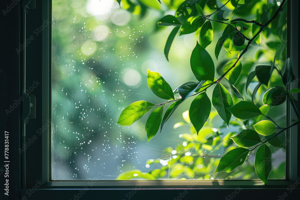 The branches of a tree with green leaves sticking out of a window in a ...
