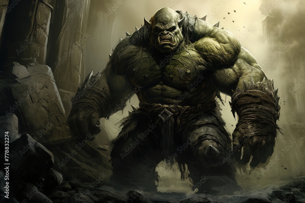 Huge massive muscular orc monster in armor in a cave in the dungeon ...