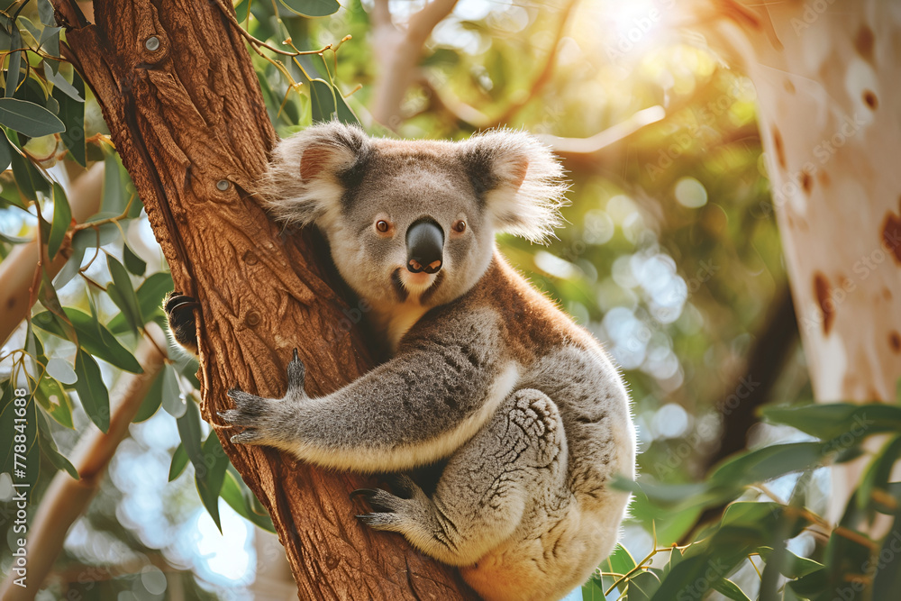 Funny cute koala on branch, chewing eucalyptus leaf. Koala ...