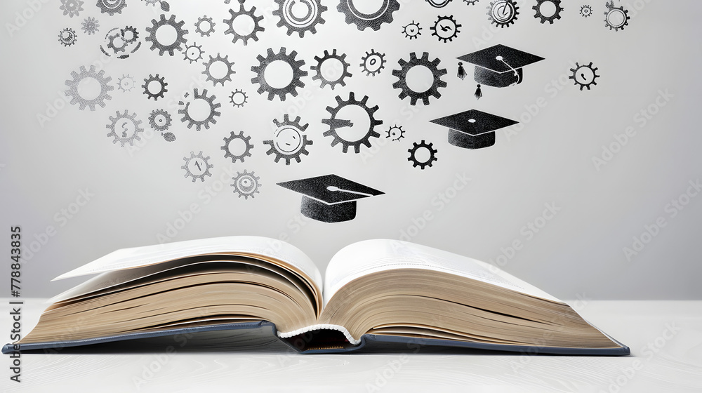 An open book with symbols of education and knowledge floating above it, such as gears or ...
