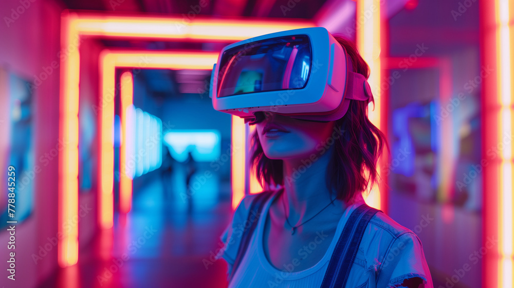 Woman wearing futuristic AR VR virtual reality gaming headset goggles ...