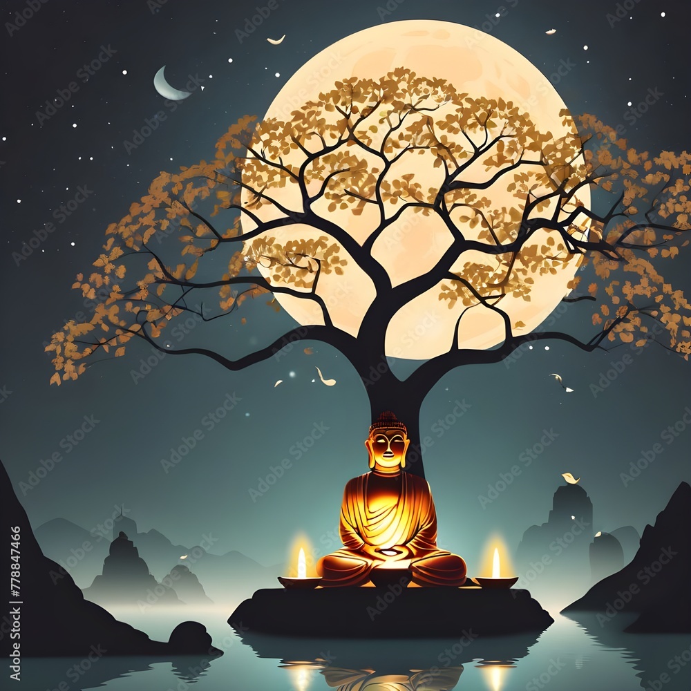 Happy vesak day with Buddha meditation under Bodhi Tree in full moon ...