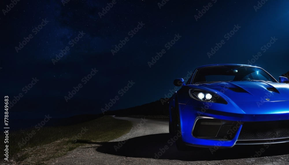 A blue sportscar captures the essence of a night drive, its headlights ...
