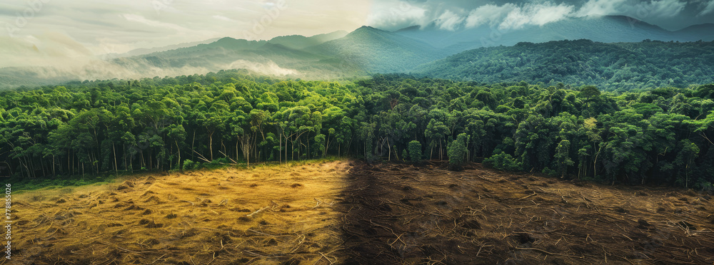 A forest transitioning from lush greenery to barren land illustrating ...