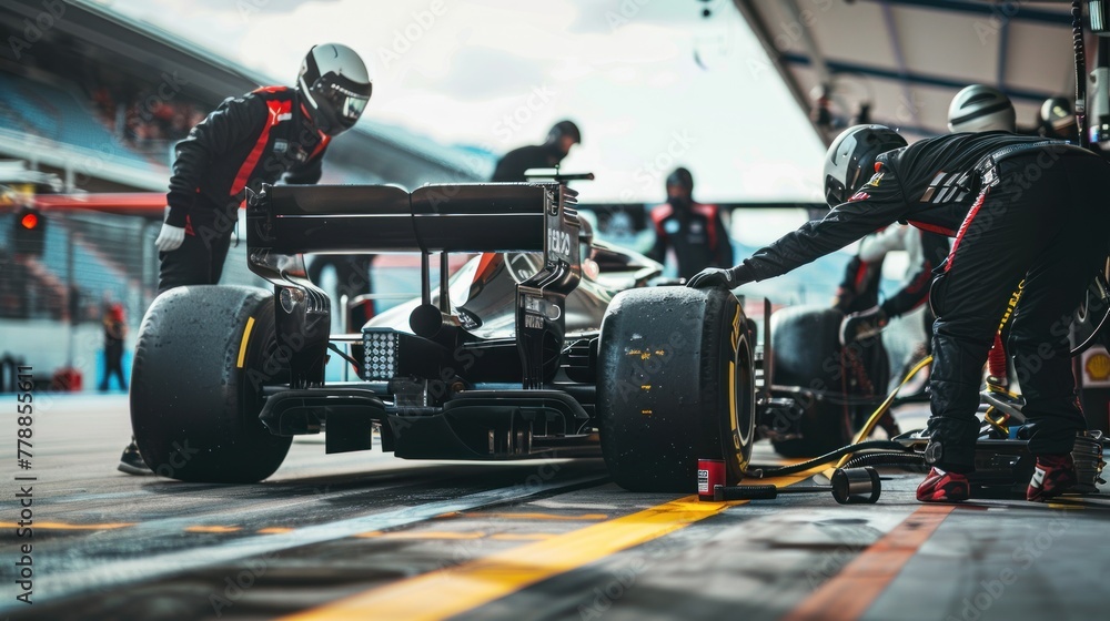 Formula 1 racing cars undergo repairs and make pit stops with the help ...