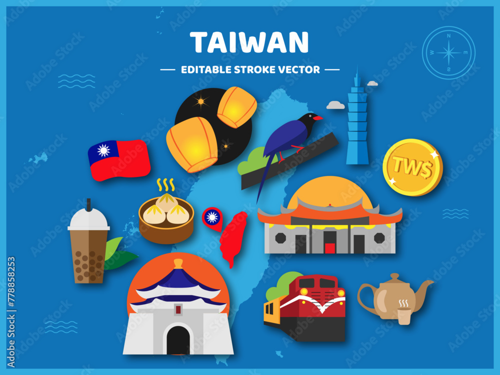 Taiwan Travel flat icons set. Taiwan elements icon map and landmarks ...