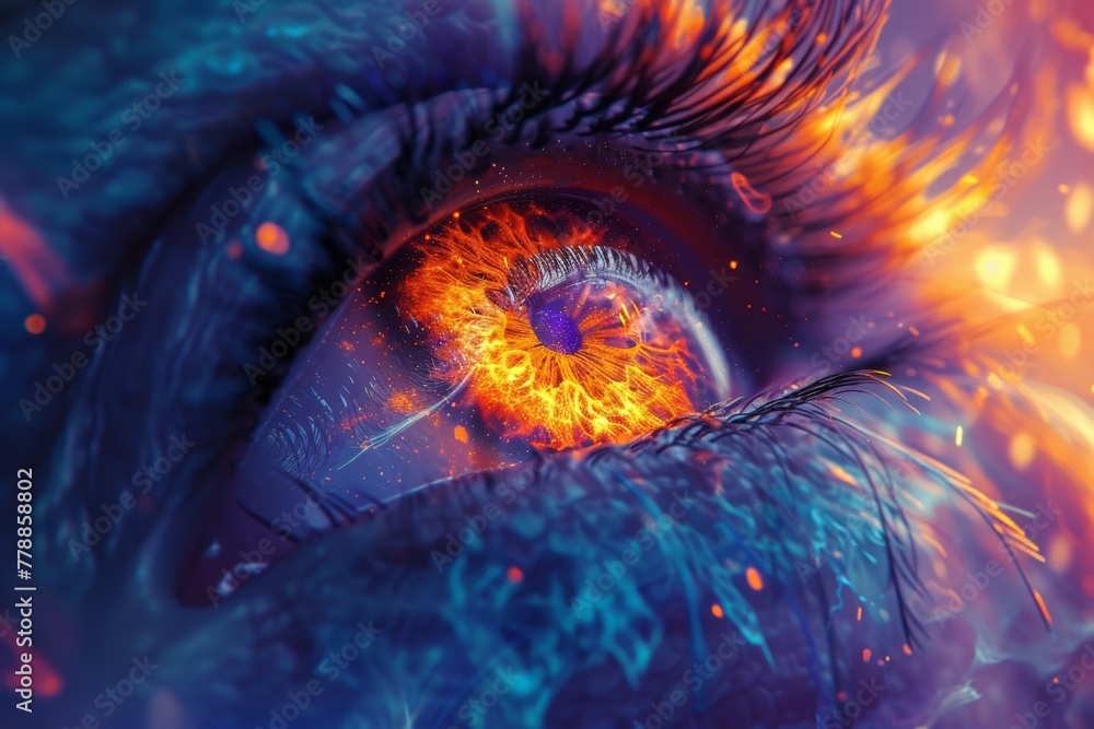 Closeup of fiery dragon eye with flames emerging, mythical creature ...