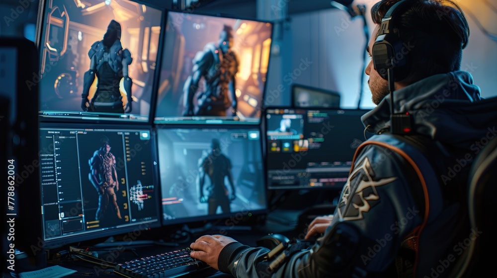 Gaming development studio, team working on a next gen video game ...