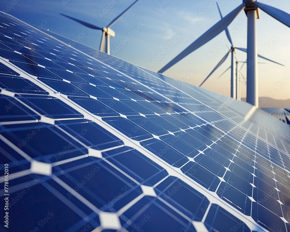 Renewable energy farm, closeup on solar panels and wind turbines ...