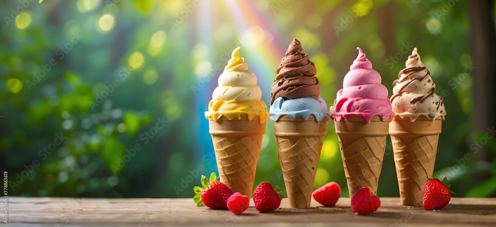 Various Ice cream cones with multiple flavors isolated in an outdoor ...