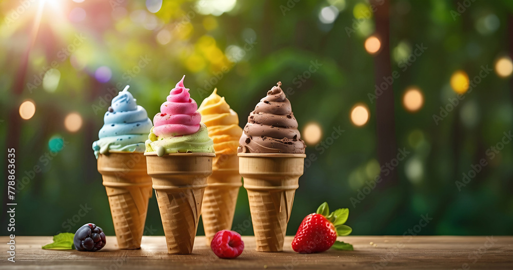 Ice cream cones with multiple flavors isolated in an outdoor background ...