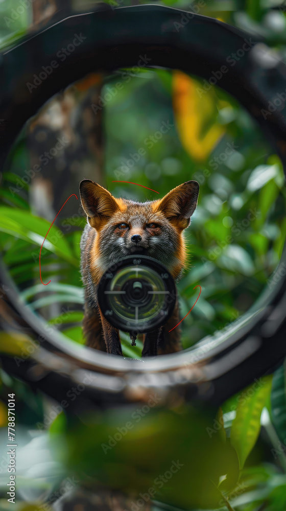 Guam Flying fox in telescopic lens, crosshairs, forest background ...
