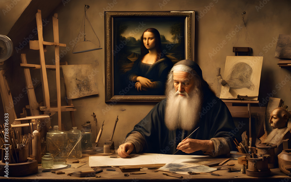 Foto de Leonardo da Vinci in his studio, working intently on the Mona ...
