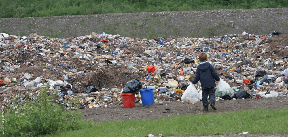 tired poor child kid boy caucasian, collect garbage for sale because of ...