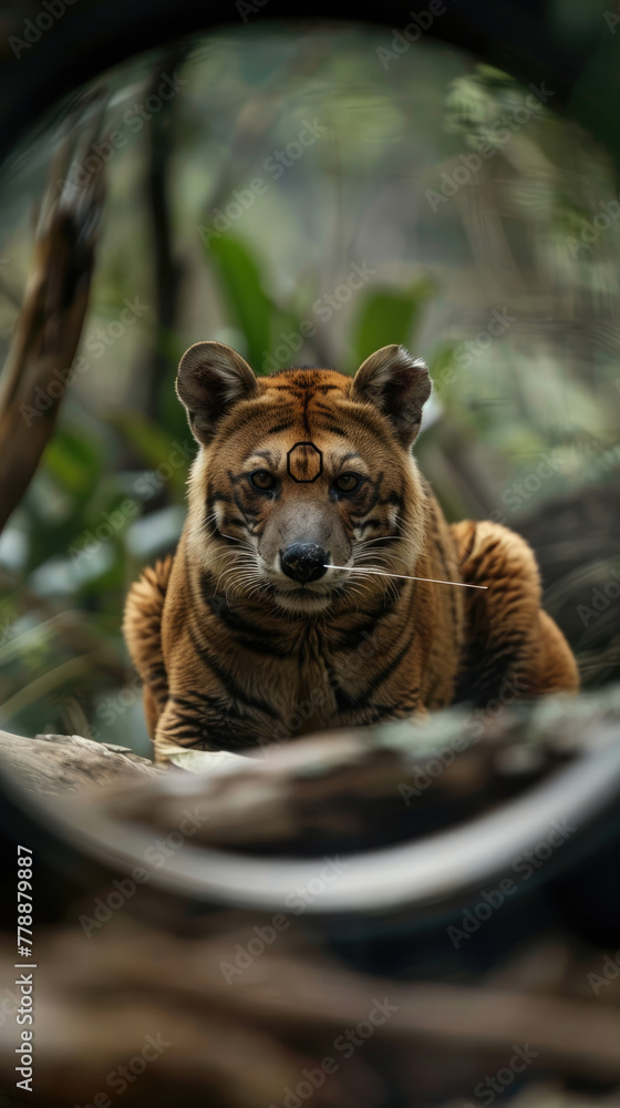 Tasmanian Tiger in telescopic lens, crosshairs, forest background ...