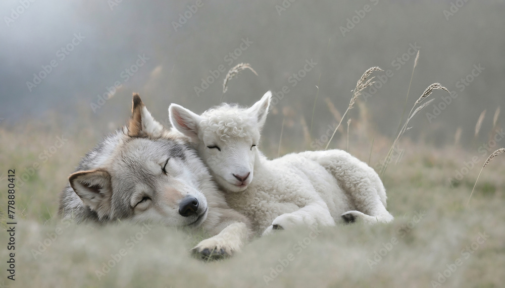 Cute, wolf and lamb lying peacefully together in nature, peace and ...