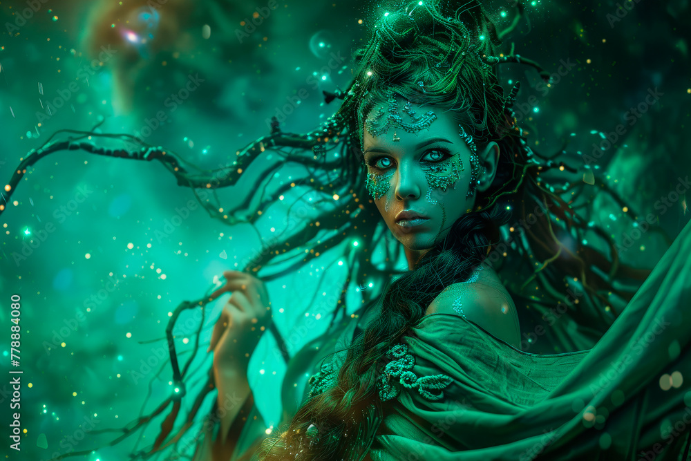 Mystic fabulous forest nymph with long vine hair. Fantasy goddess of ...