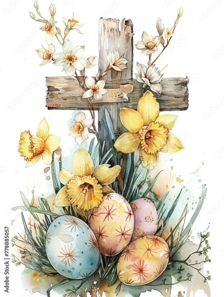 Beautiful cross with easter eggs and daffodils, on white background in ...