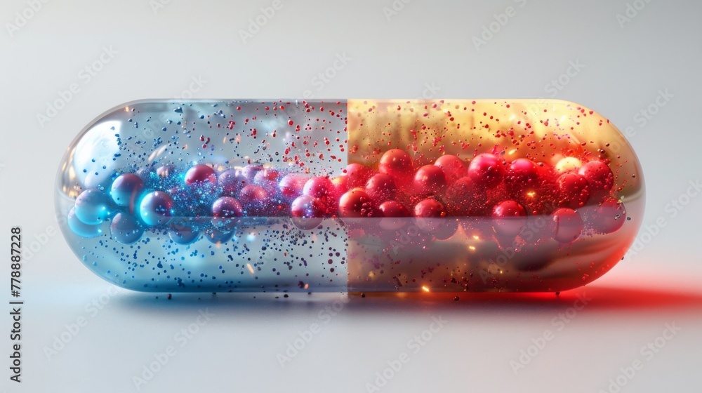 A pill is shown in a glass container with a red and blue swirl. The ...