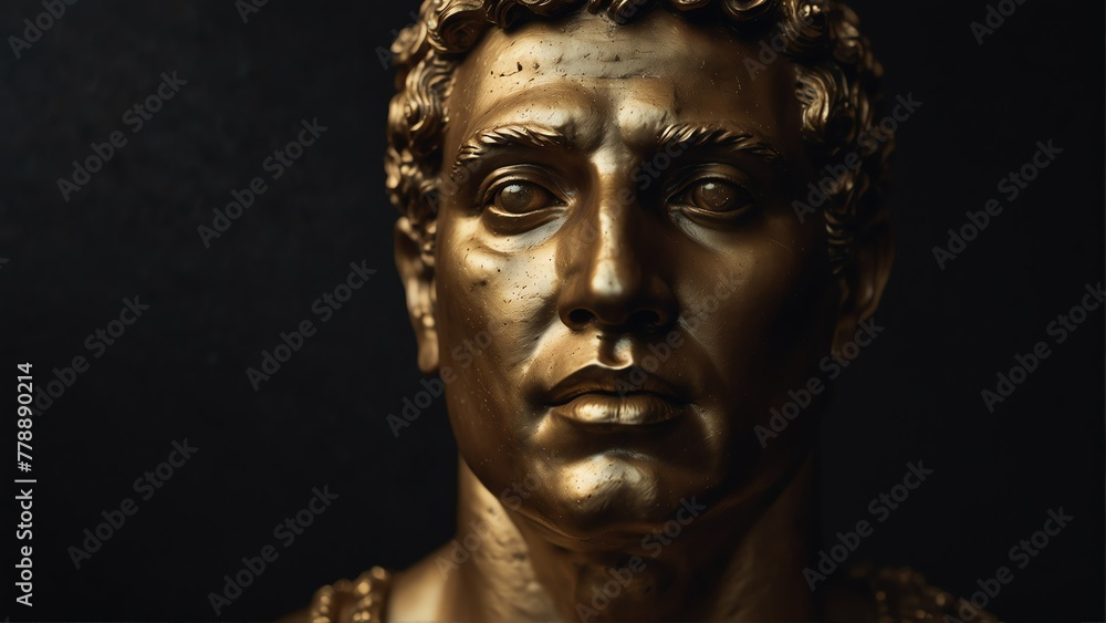 golden roman emperor statue close up portrait on plain black background ...