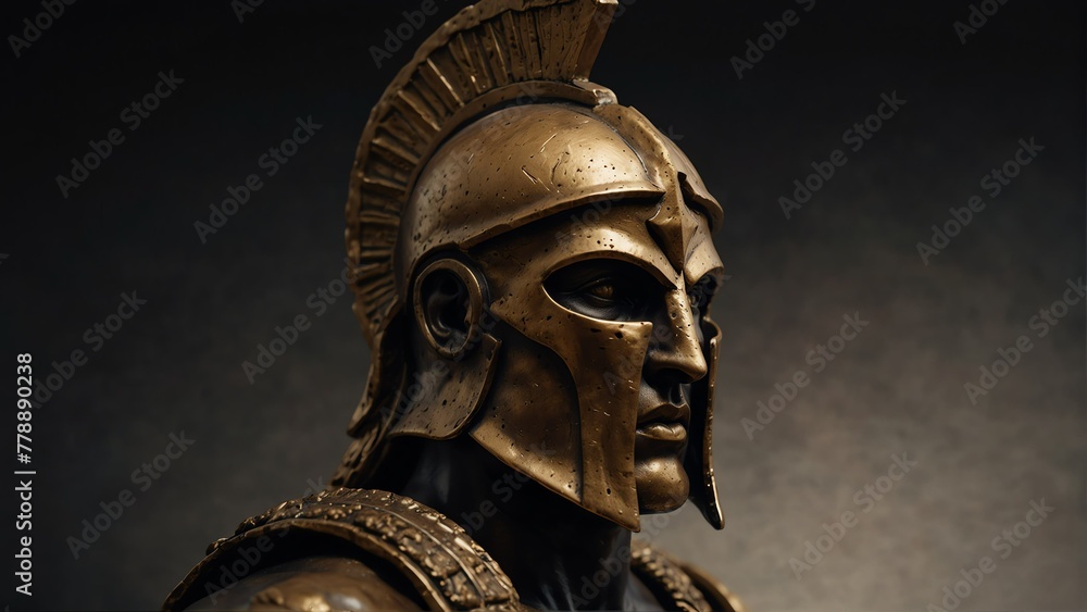 golden spartan warrior statue close up portrait on plain black ...
