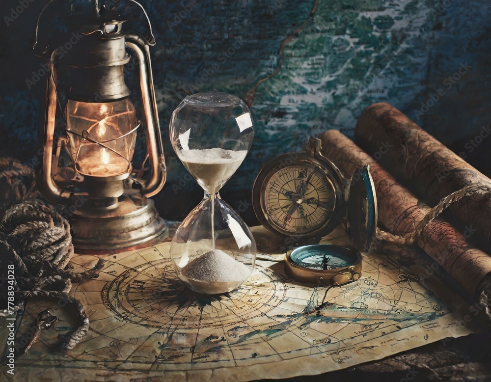 An hourglass on an old nautical map, surrounded by a compass, sextant ...