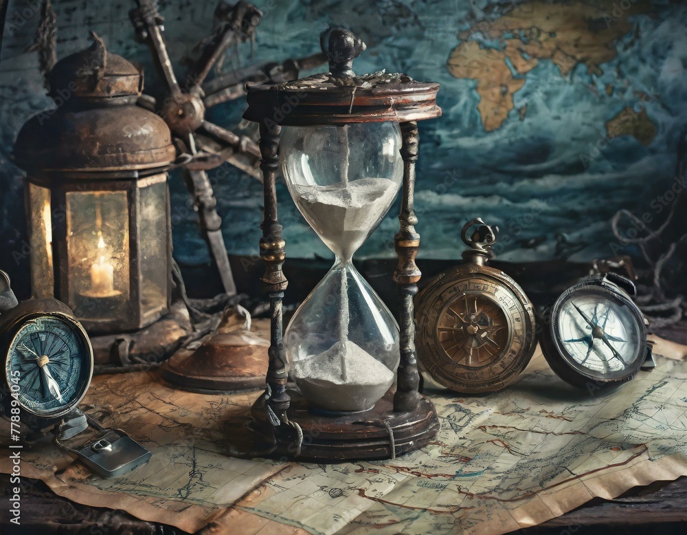 Photo & Art Print An hourglass on an old nautical map, surrounded by a ...