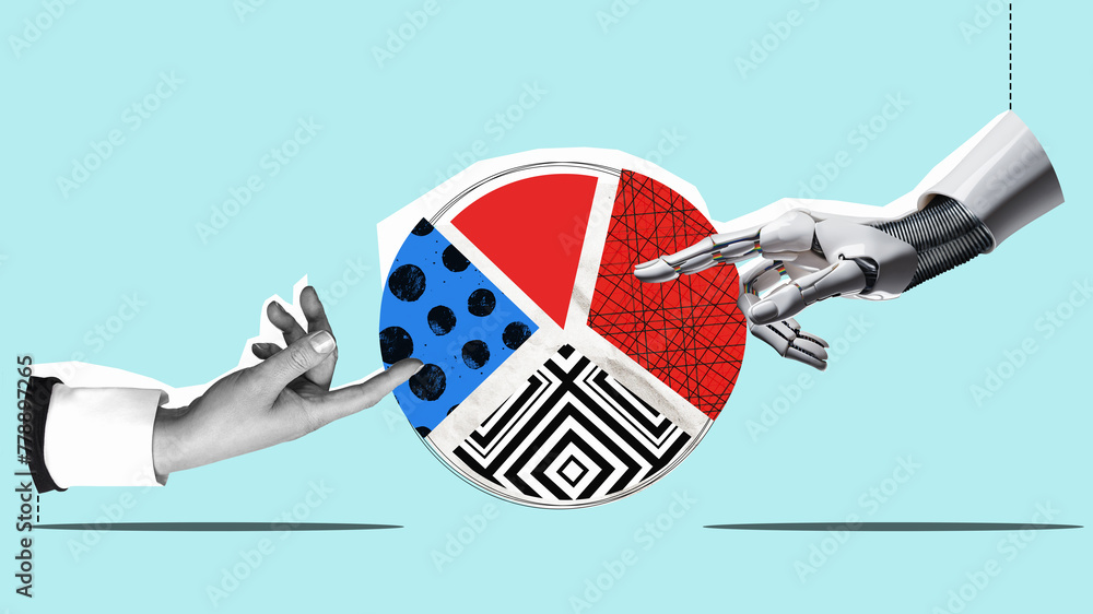 Human hand and ai Roboter hand symbolizing teamwork working on a pie ...