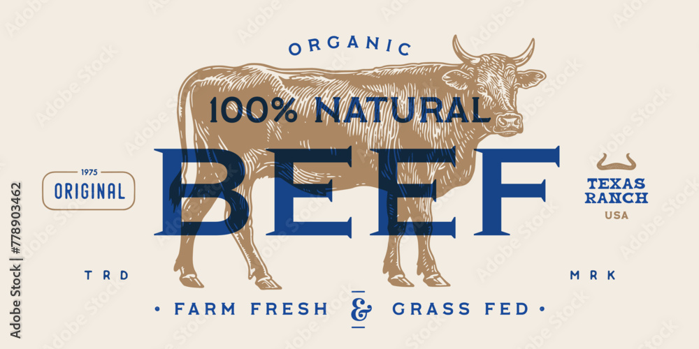 Cow, bull, beef meat, tag label. Template Meat Beef Tag Label. Vintage ...